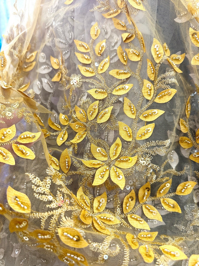 Yellow Flower Leaves Beaded Sequin Lace Fabric, Bridal Floral Lace Veil ...