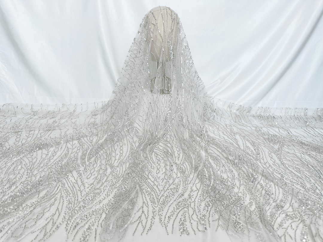 White Beaded Lace Fabric, Bridal Wedding Dress Fabric, Mesh Lace, DIY ...