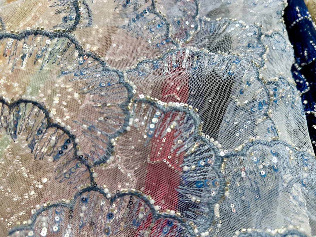Light Blue Layers of Sequined Lace Fabric,sequins Lace Fabric,bridal ...