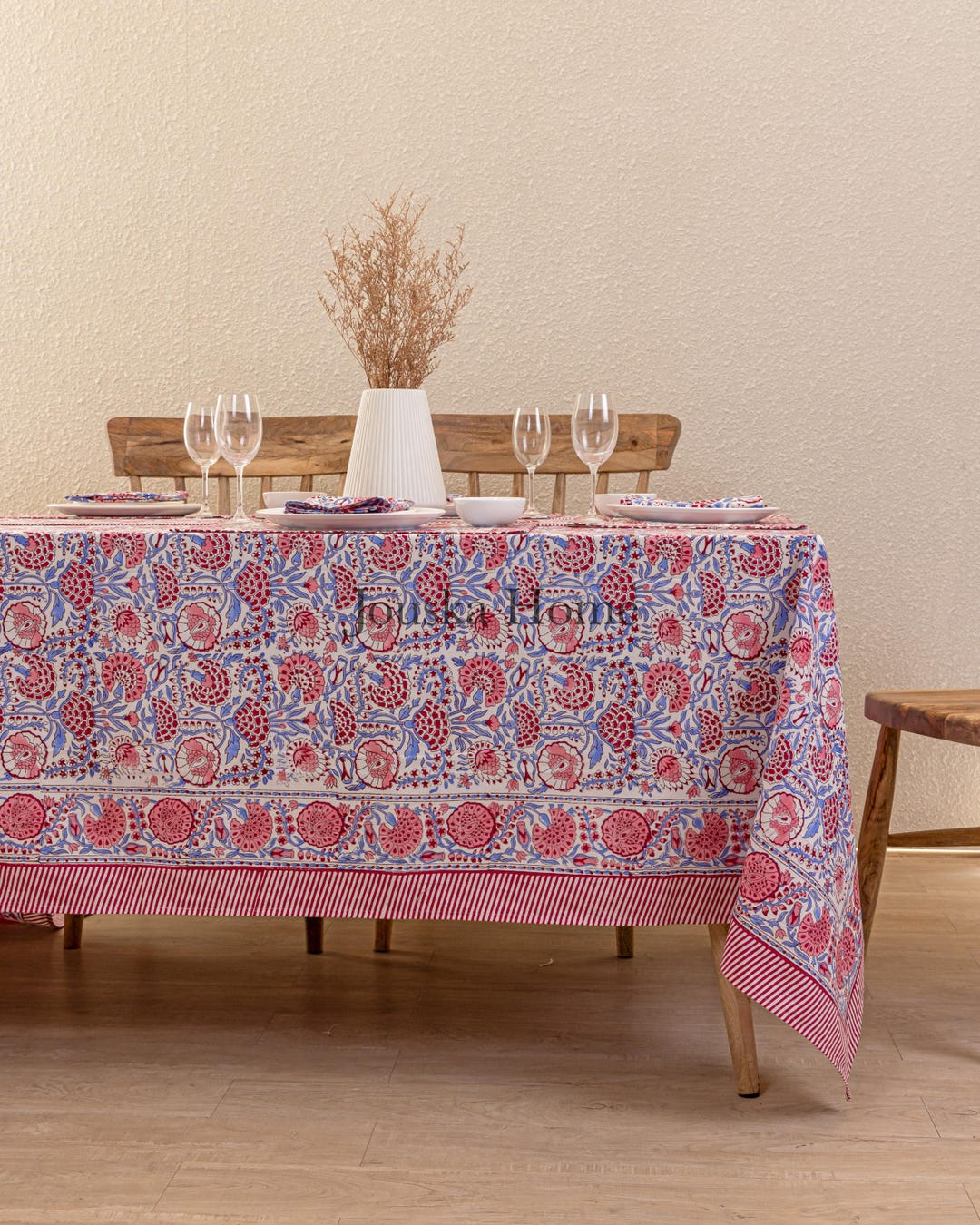 Pigeon Blue and Flamingo Pink Printed Cotton Tablecloth, Dining Table Cover, Cotton Square ...