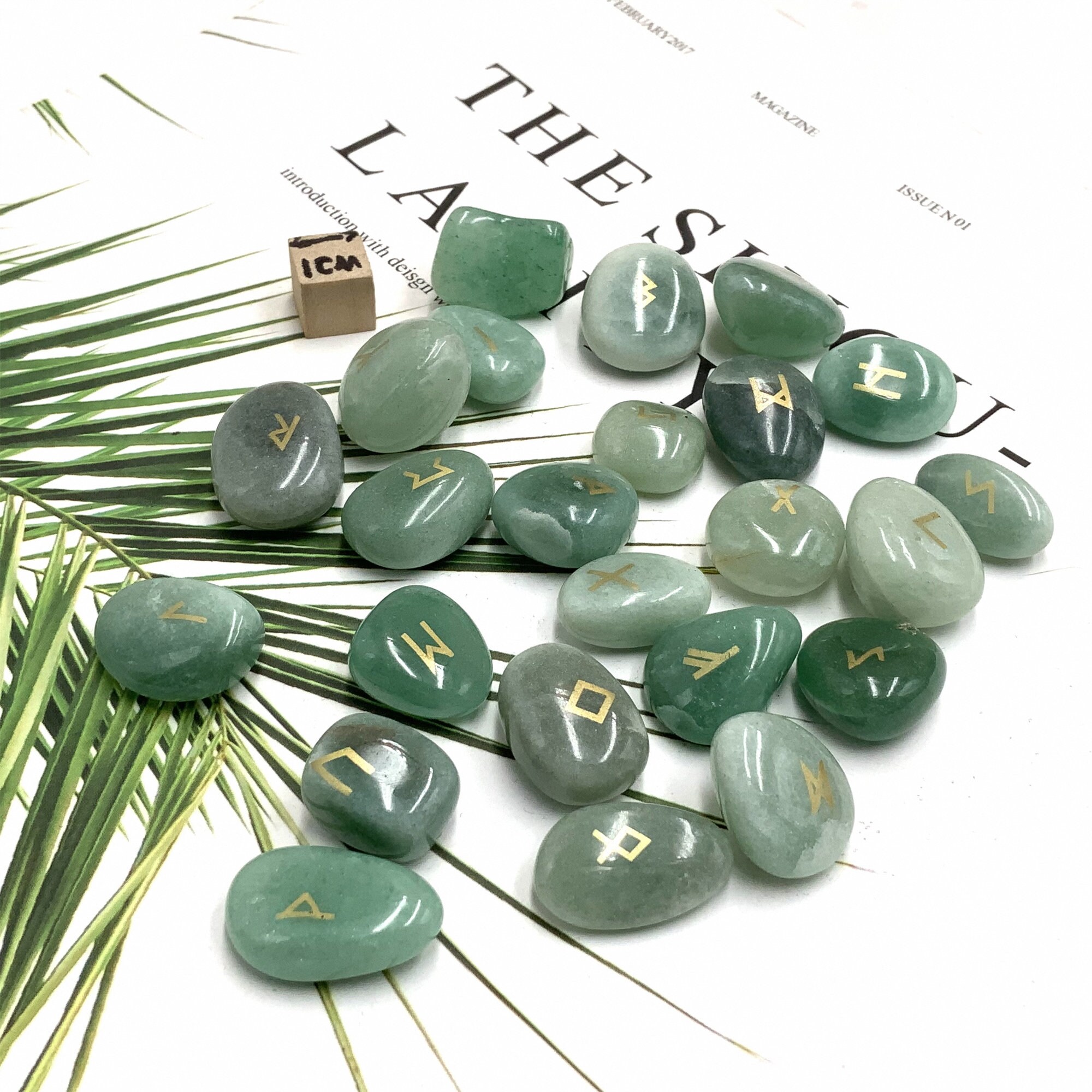 25PCS A Set Green Aventurine Natural Gemstone Runes Letter Disc Beads ...
