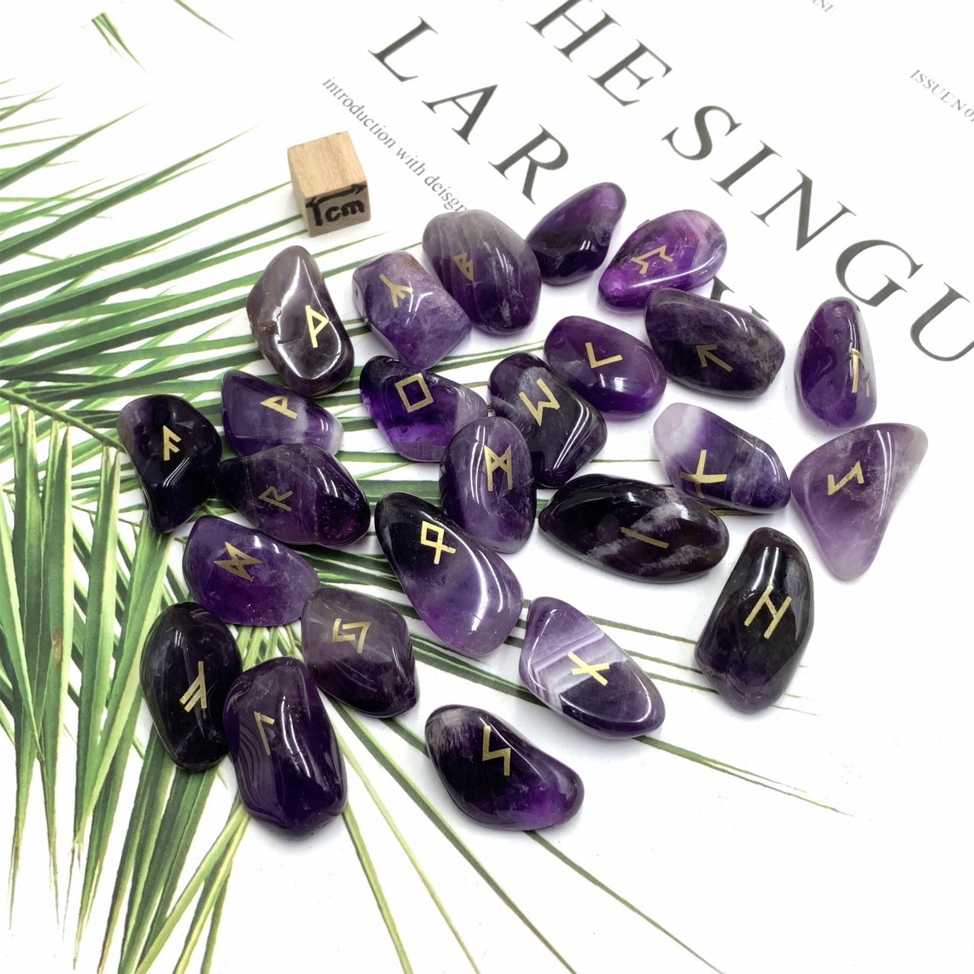 25PCS A Set Amethyst Runes Natural Gemstone Purple Crystal Runes Letter ...