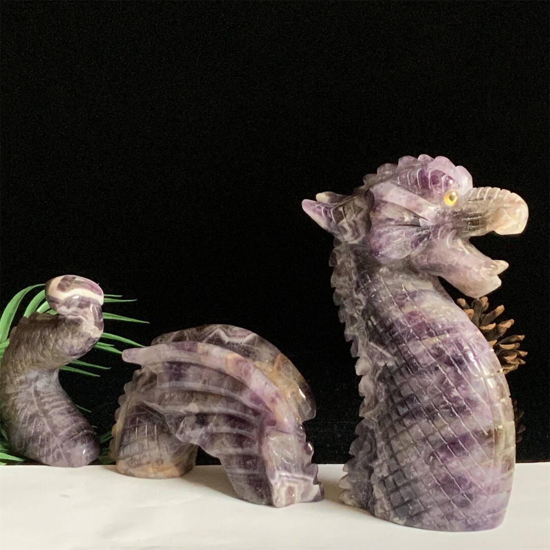 Chevron Amethyst Dragon Carving, Quartz Crystal Dragon, Hand-carved ...