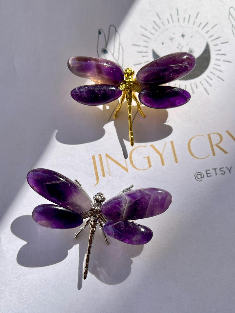 Mini Amethyst Dragonfly Sculpture: Crystal Insect Art, Feng Shui Decor ...