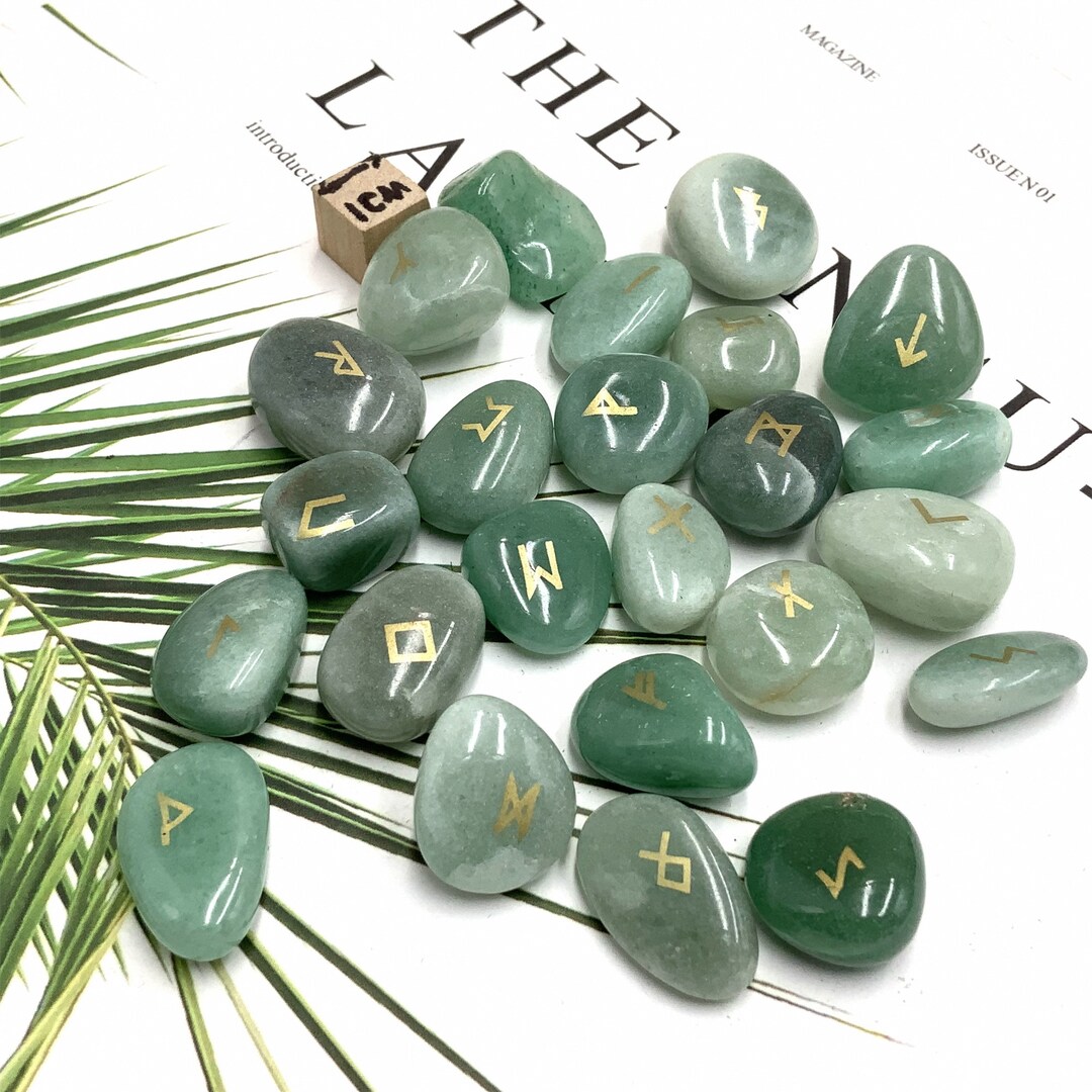25PCS A Set Green Aventurine Natural Gemstone Runes Letter Disc Beads ...