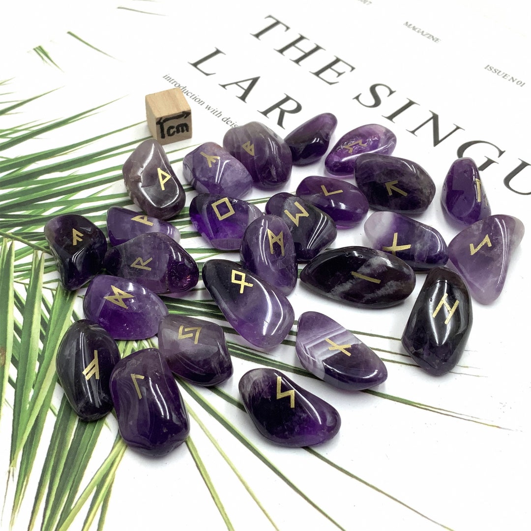 25PCS A Set Amethyst Runes Natural Gemstone Purple Crystal Runes Letter ...