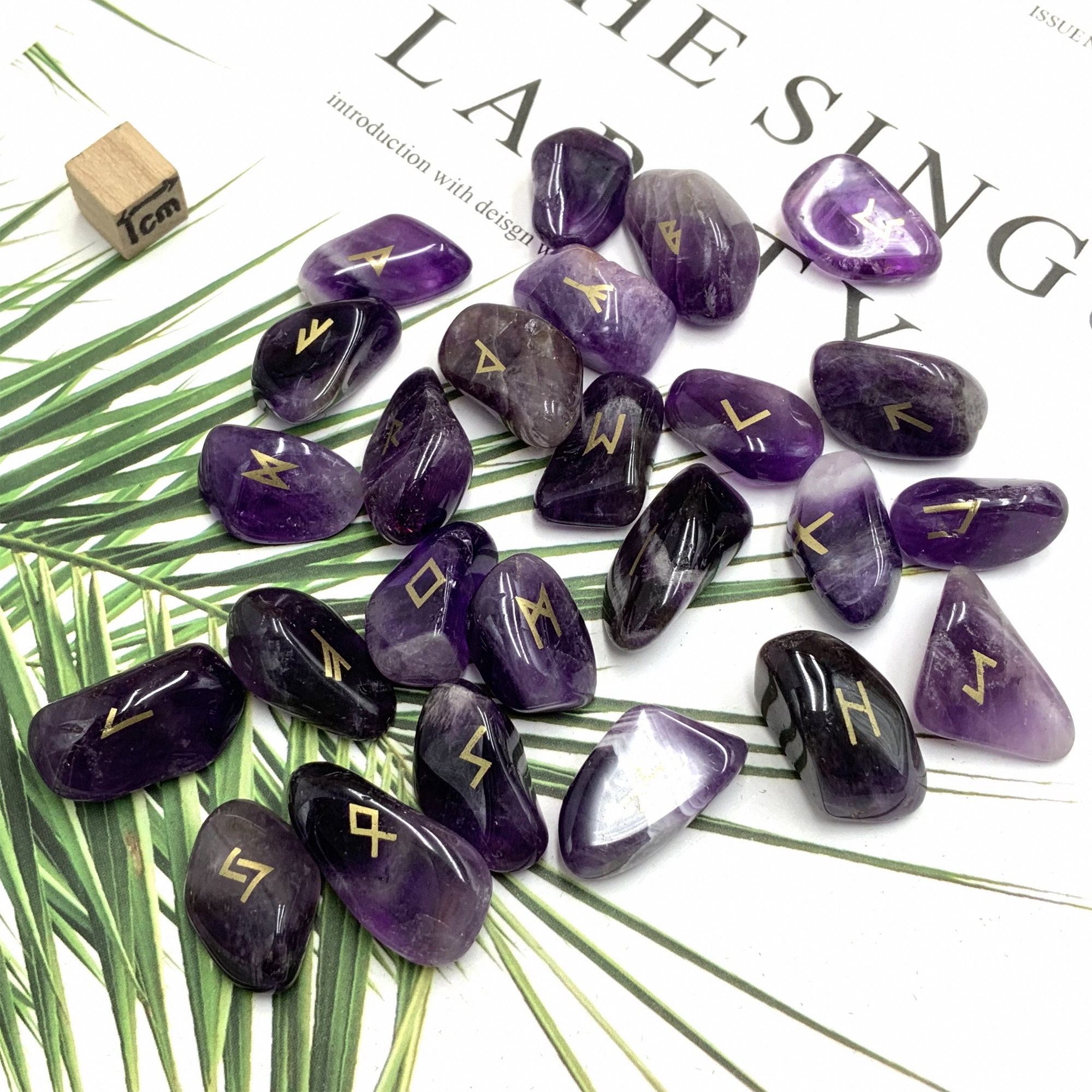 25PCS A Set Amethyst Runes Natural Gemstone Purple Crystal Runes Letter ...