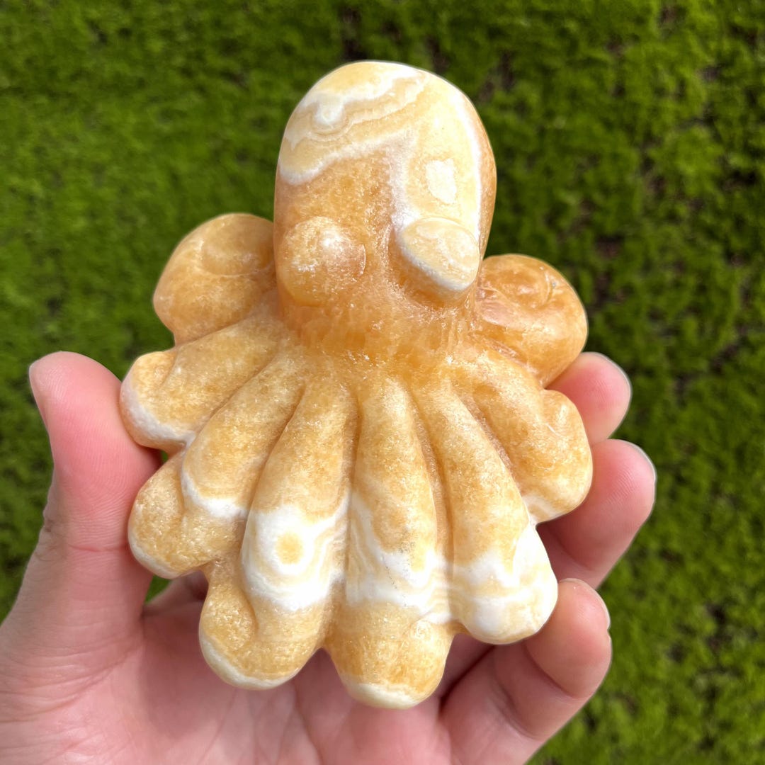 Yellow Calcite Octopus Carving, Stone Hand-carved Animal, Octopus ...