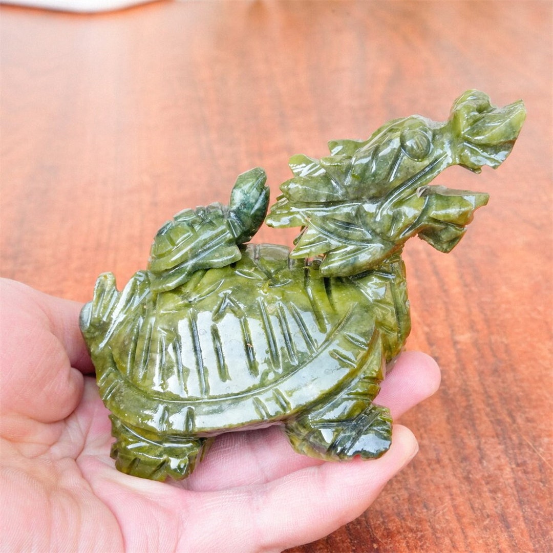 Green Jade Dragon Turtle Statue Hand-carved Feng Shui Home Decoration ...