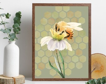 Digital Art Print|honey Bee Wall Decor|honey Comb Decor|plants Art ...