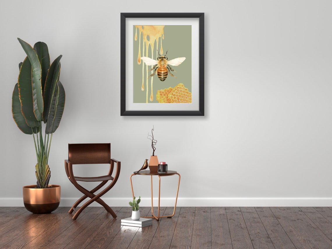 Digital Art Print|honey Bee Wall Decor|honey Comb Decor|plants Art ...