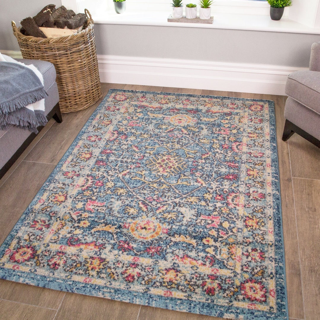 Soft Blue Traditional Floral Bordered Rug Large Multicolour Living Room ...