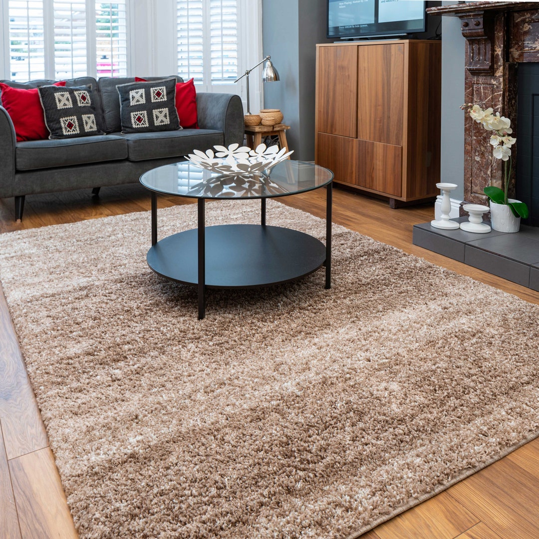 Natural Beige Mottled Shaggy Area Rug Brown Striped Bedroom Living Room ...