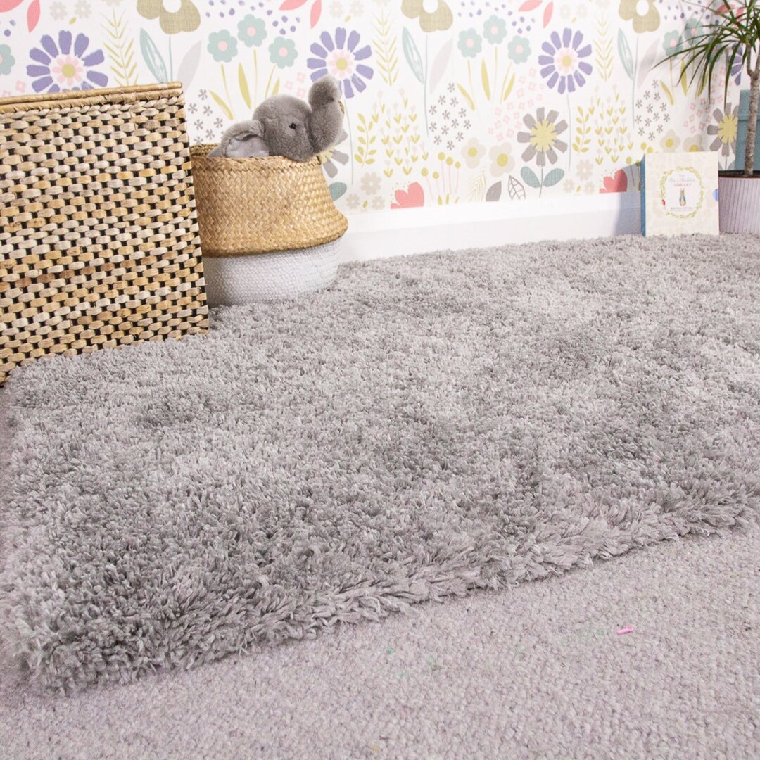 Silver Grey Shaggy Rug Kids Bedroom Nursery Room Mat Long Runner Rugs ...