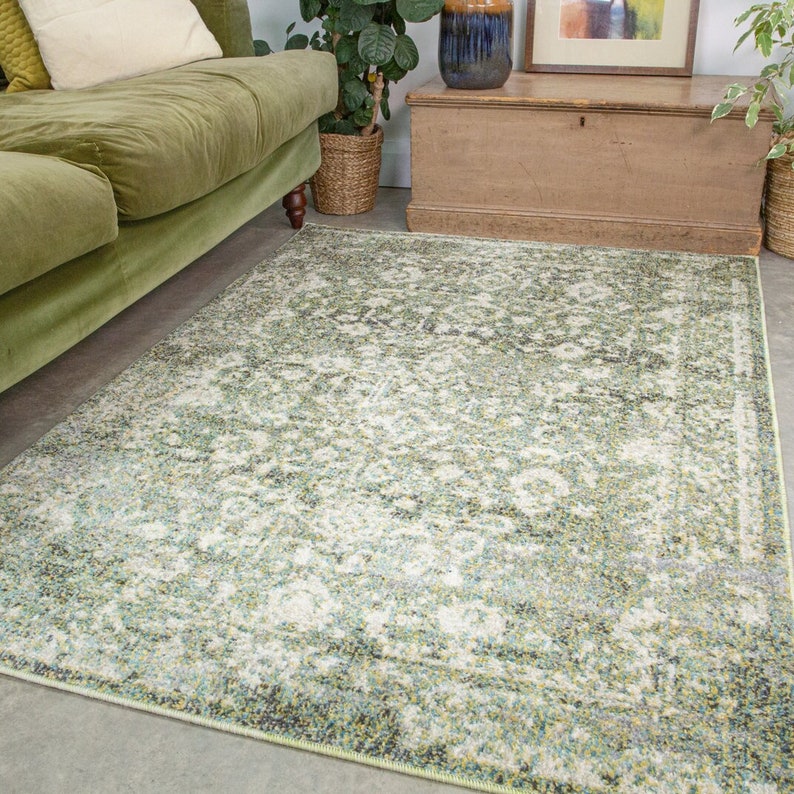 Soft Green Traditional Floral Bordered Rug Large Living Room - Etsy UK