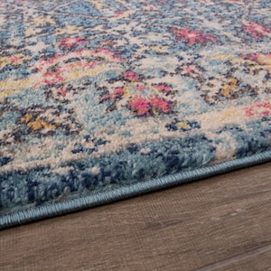 Soft Blue Traditional Floral Bordered Rug Large Multicolour Living Room ...