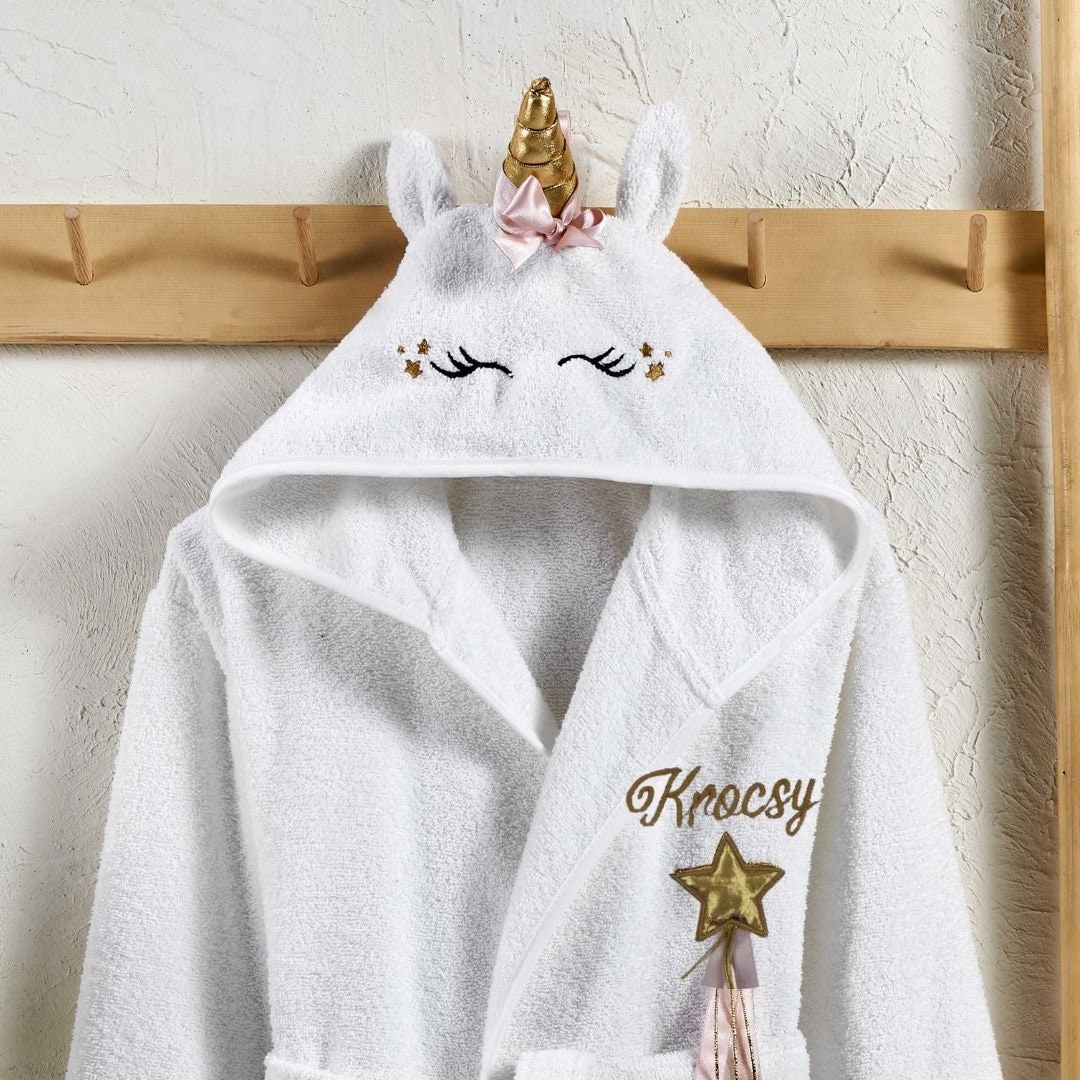 Kids Bathrobe for Girls, Personalized, Unicorn White Animal Hooded ...
