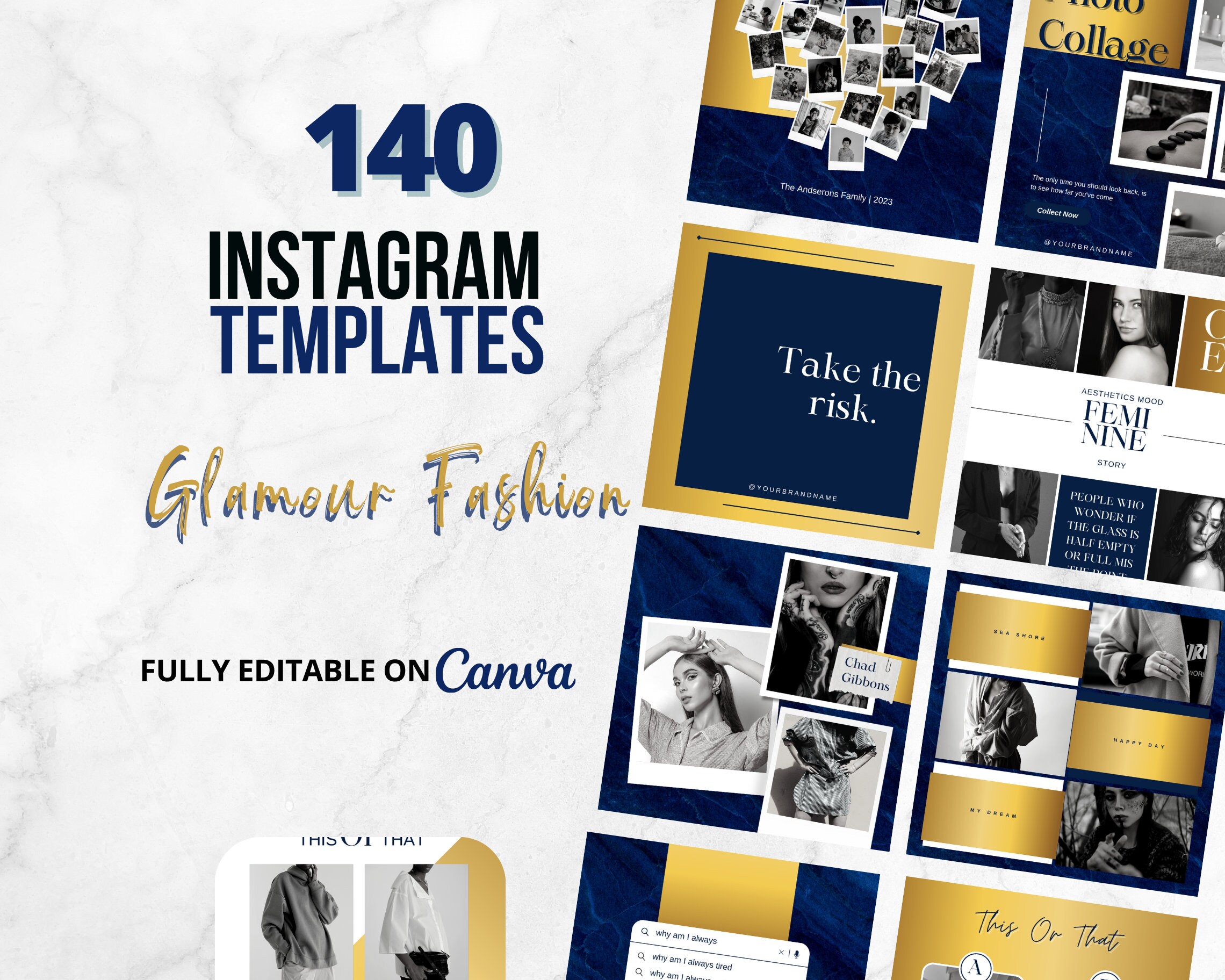 Instagram Templates - Glamour Fashion Canva Templates - Dark Blue ...