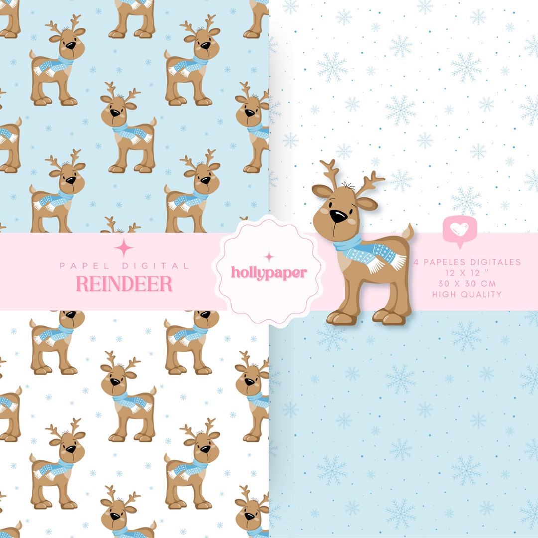 Christmas Digital Paper, Blue Christmas Digital Paper, Reindeer Paper ...