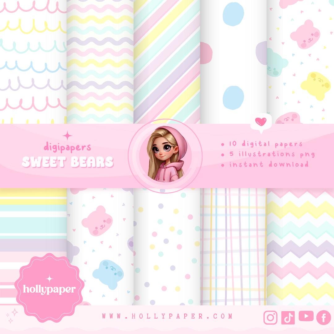 PASTEL DIGITAL PAPERS, Cute Pastel Backgrounds With Teddy Bears, Pastel ...