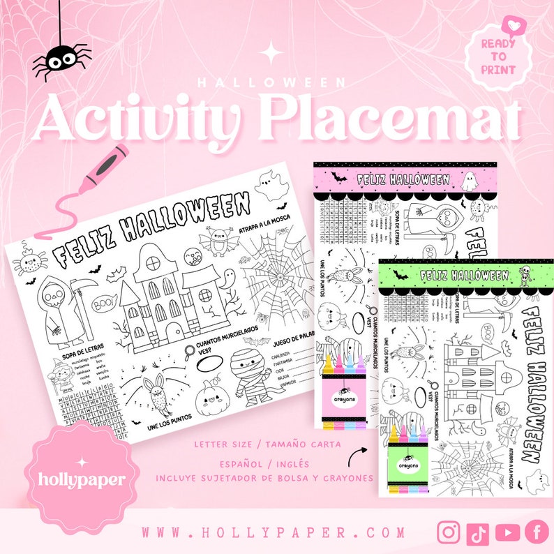 Mantel imprimible con actividades para Halloween, incluye sujetador de ...