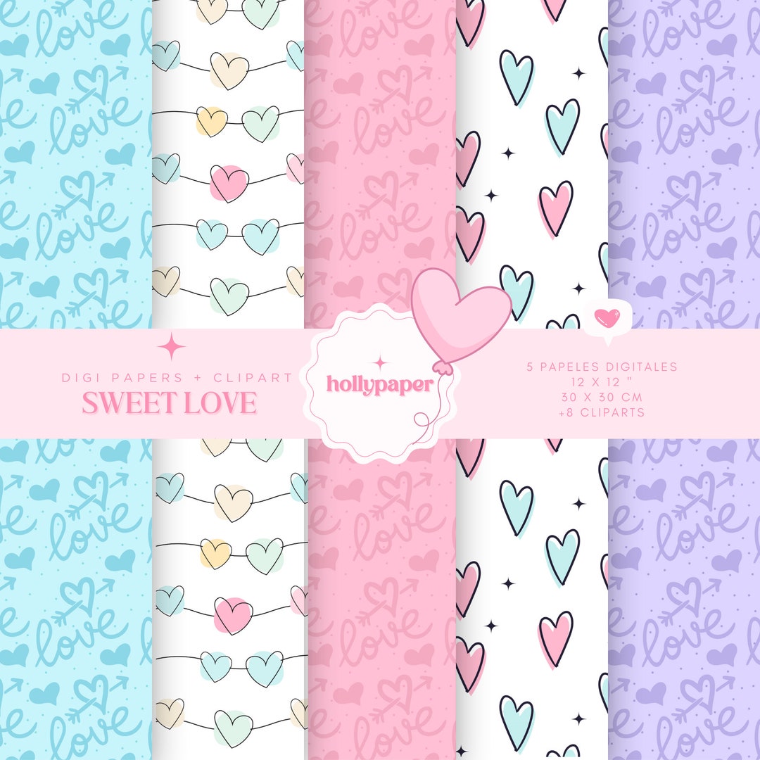 Sweet Love Digital Papers, Cute Hearts Backgrounds, Hearts Digital ...