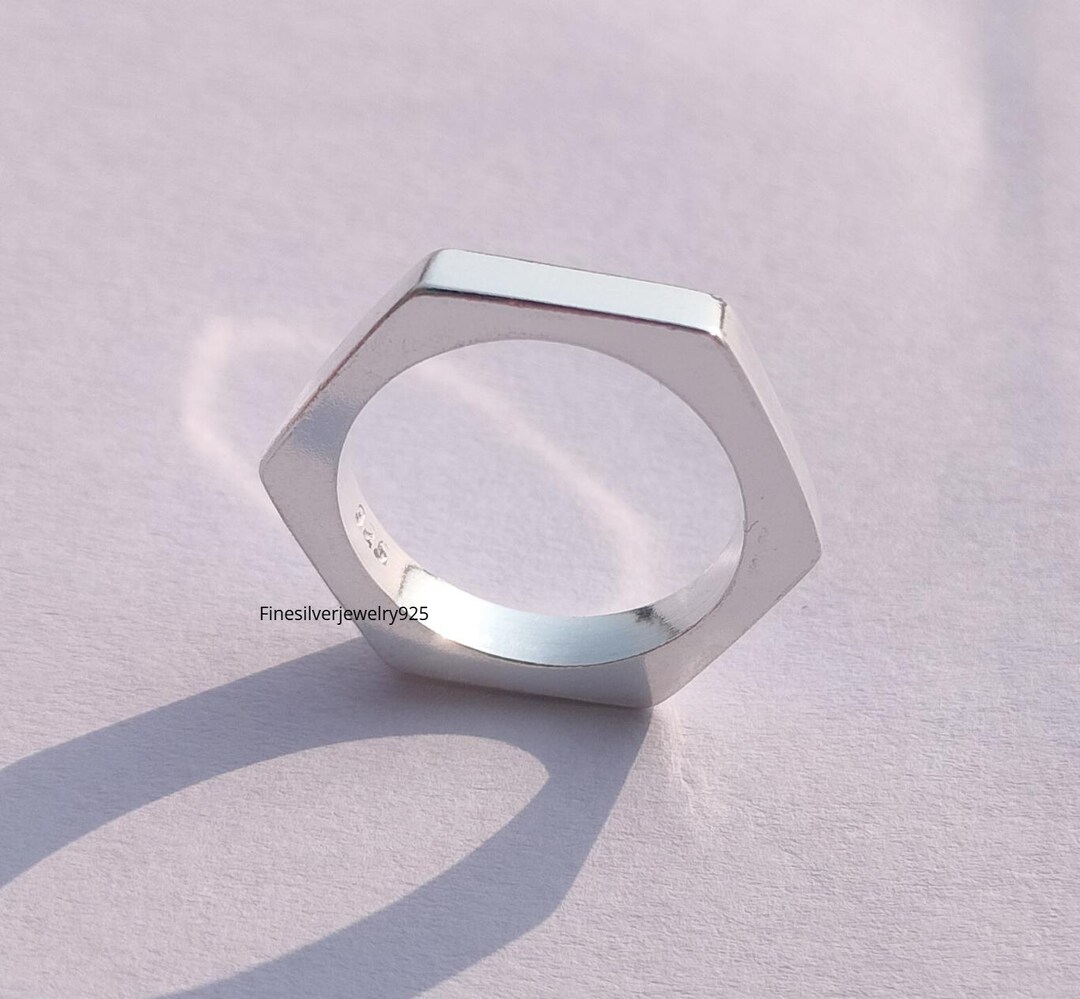 Silver Geometric Bolt Nut Ring Solid 925 Sterling Silver Square Ring ...