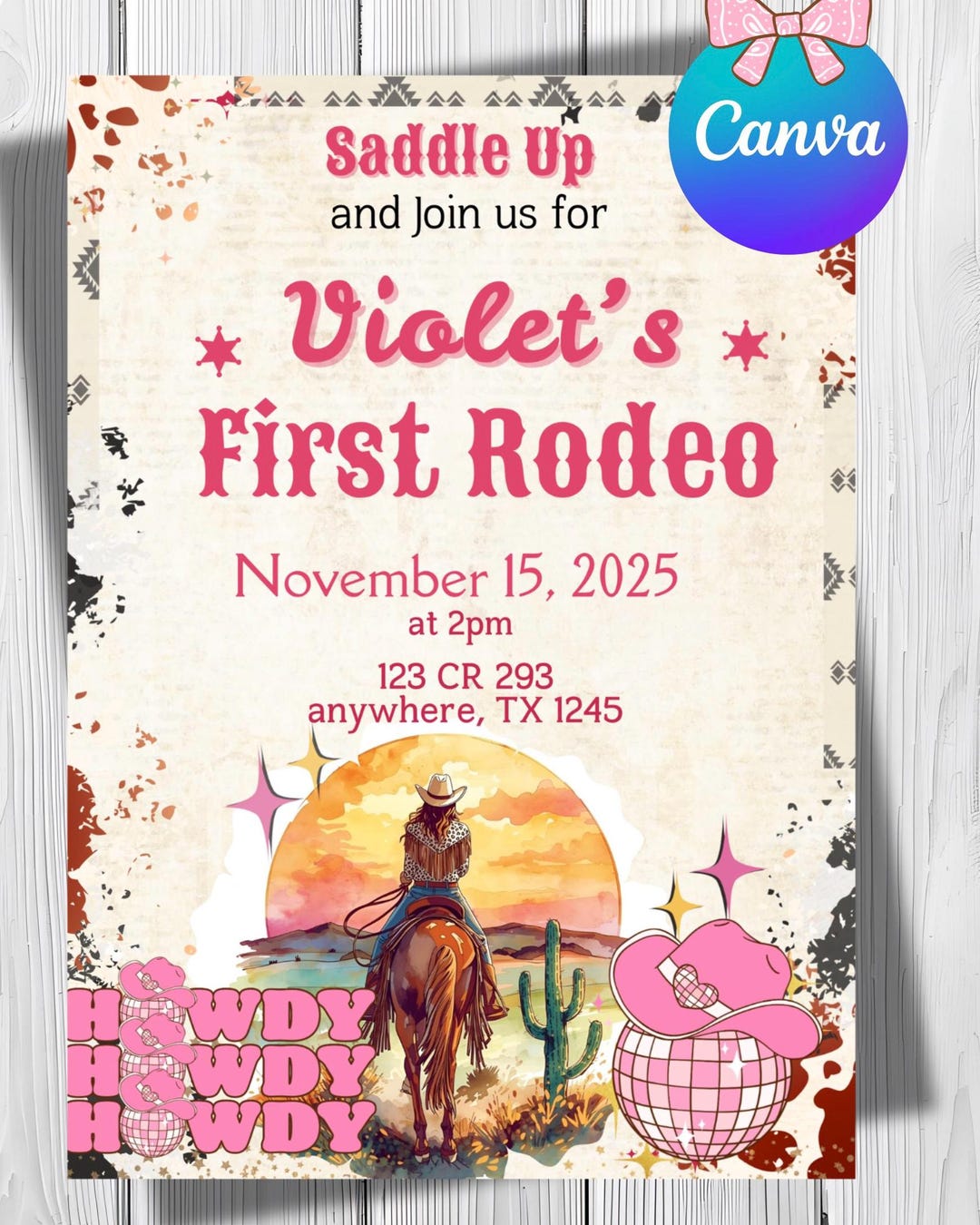 Editable Cowgirl Rodeo Birthday Invitation: First Rodeo Party (canva ...