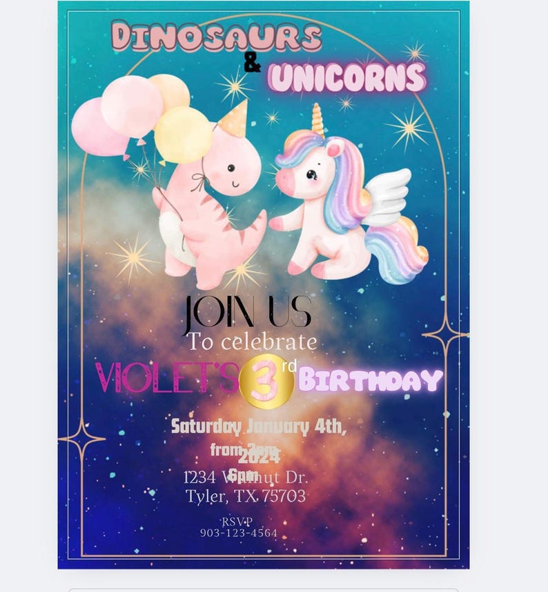 Editable Mystical Unicorns and Dinosaurs Invitation Template Birthday ...