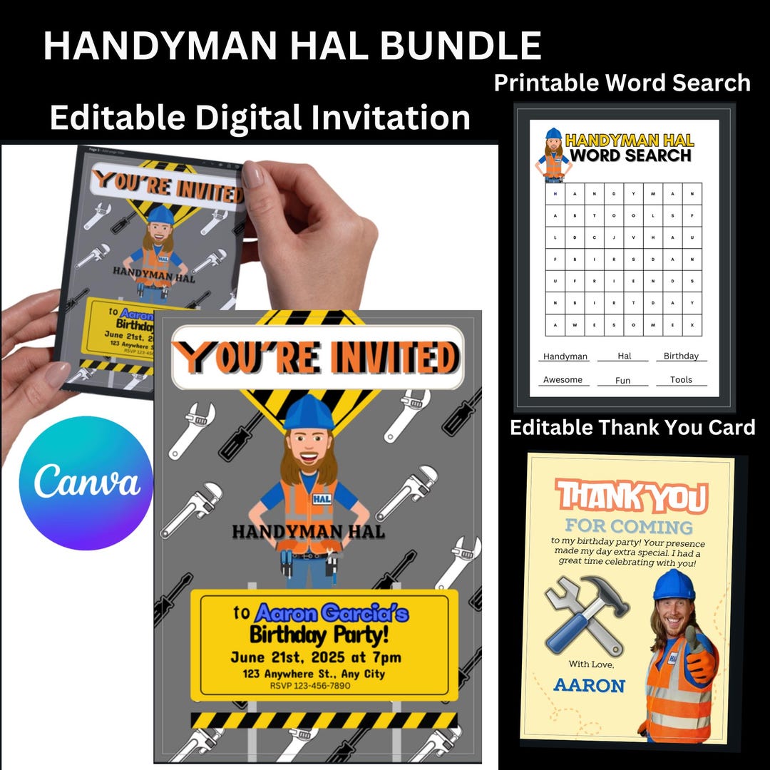 Handyman Hal Birthday Bundle Word Search Editable Invitation Template ...