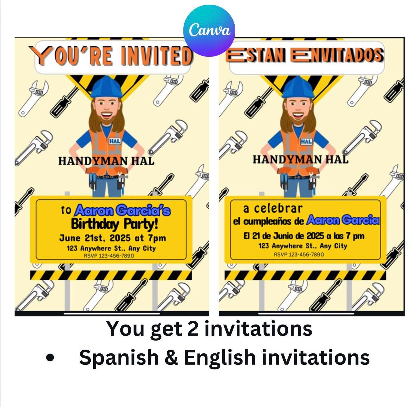 Handyman Hal Birthday Invitation: Bilingual Editable Template (digital ...