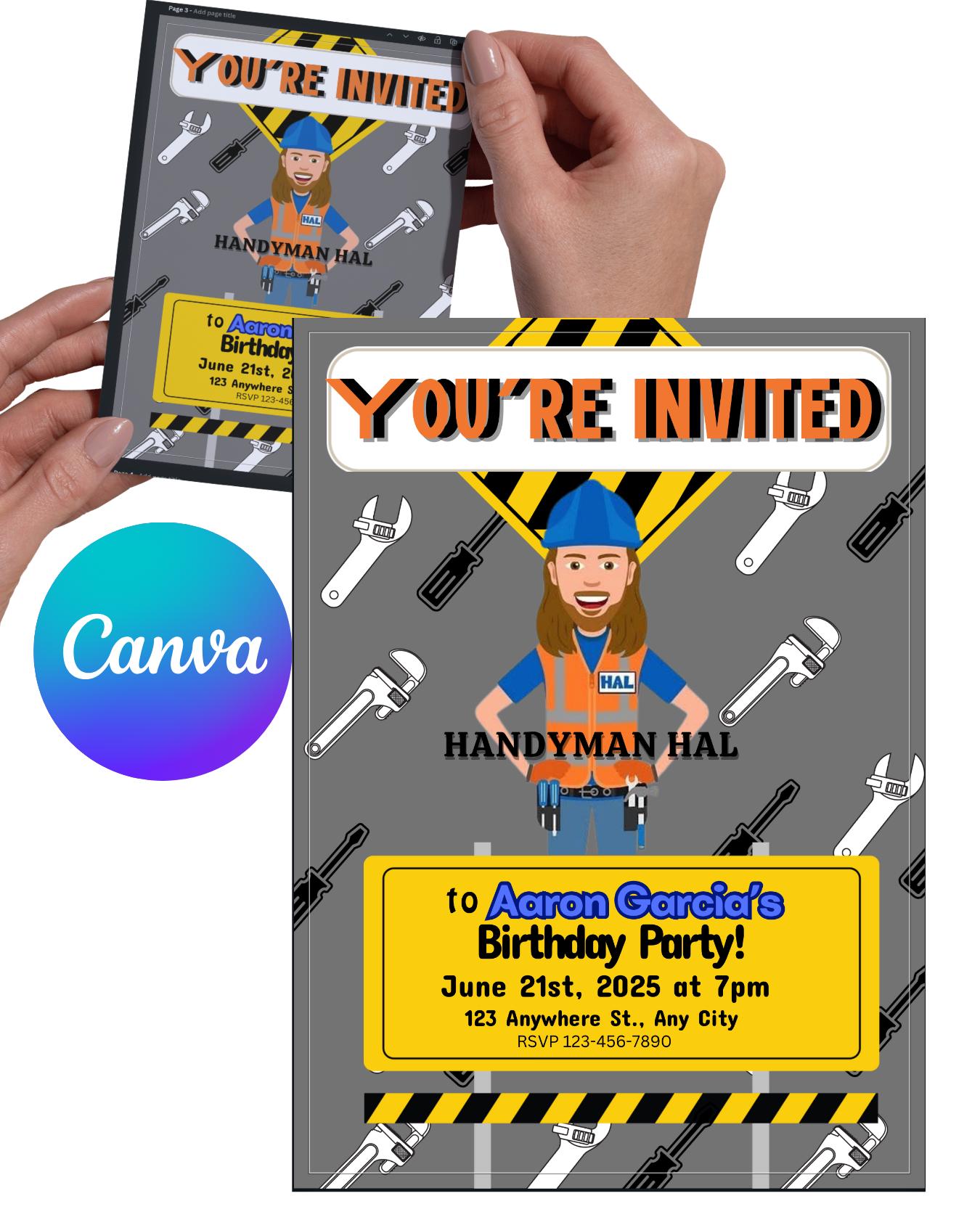 Editable Handyman Hal Birthday Theme Editable Invitation Template ...