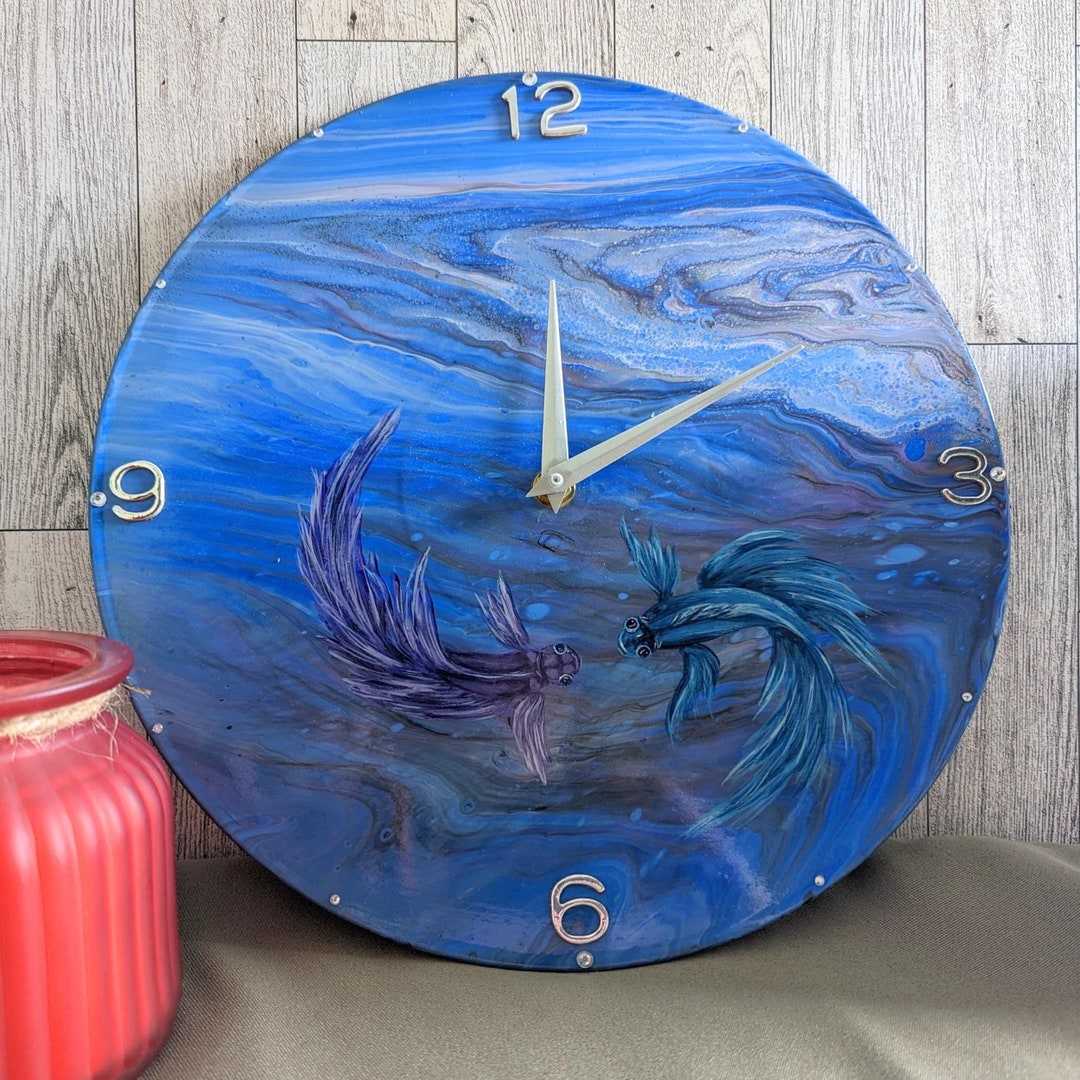 Acrylic Art Yin and Yang Clock, Hand Painted Blue Fish Art Clock, Blue ...