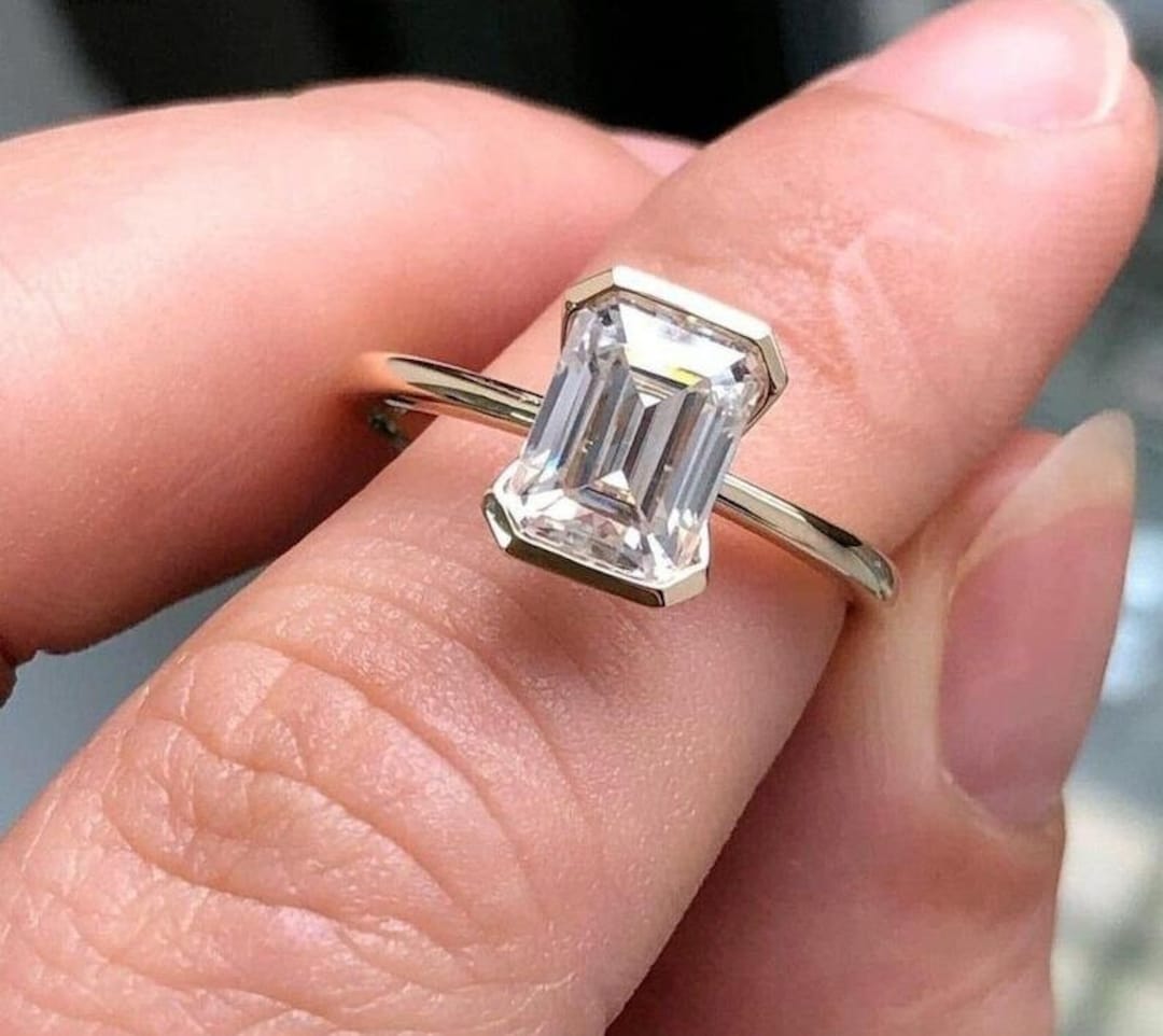 2 CT Emerald Cut Half Bezel Set Moissanite Ring, 14K Solid Gold Ring ...