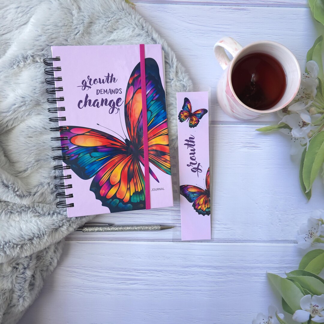 Premium Butterfly Spiral Journal With Strap and Snap in Bookmark, Pink ...