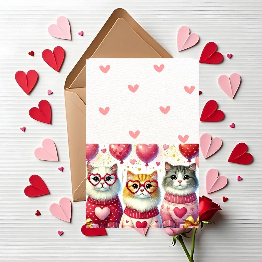 Cute Cats Valentines Day Card, Printable Valentines Day Card, Happy ...