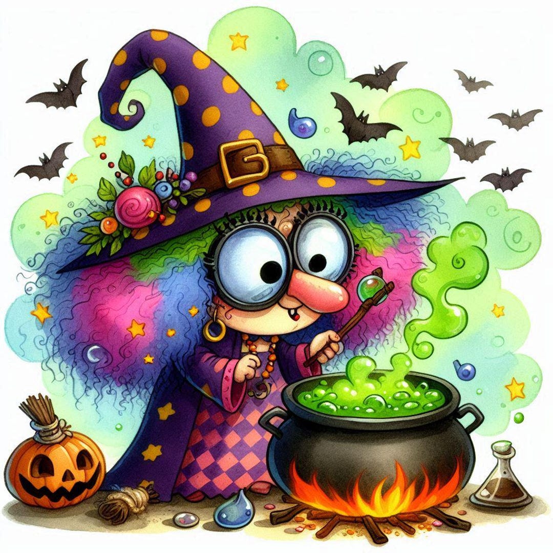 Halloween Wacky Witch Clipart, Bundle of 5 Black Cats, Witches ...
