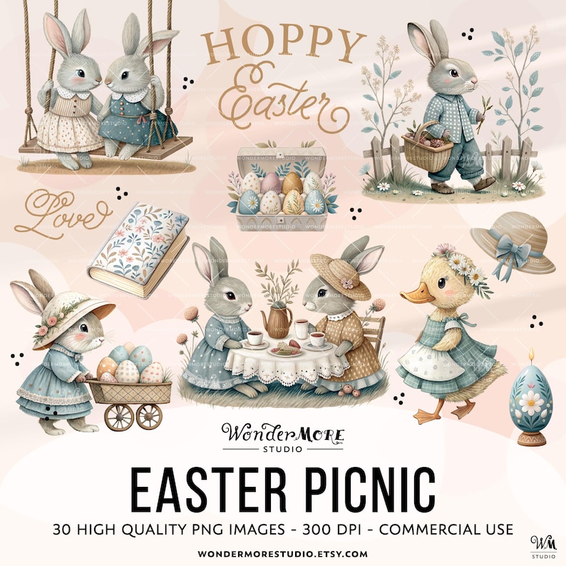 Vintage Easter Clipart PNG Blue Cute Bunny Graphics Transparent Spring ...