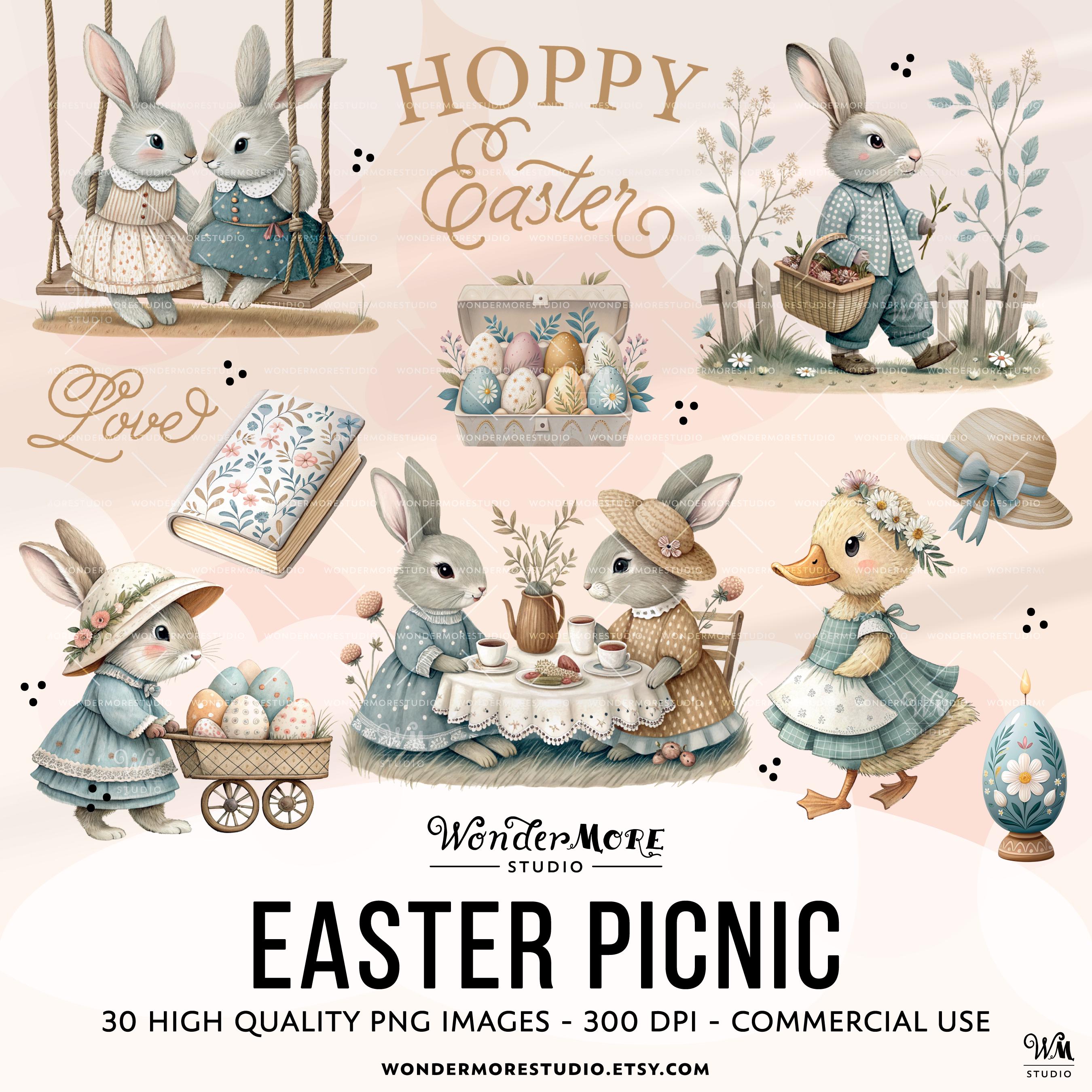 Vintage Easter Clipart PNG Blue Cute Bunny Graphics Transparent Spring ...
