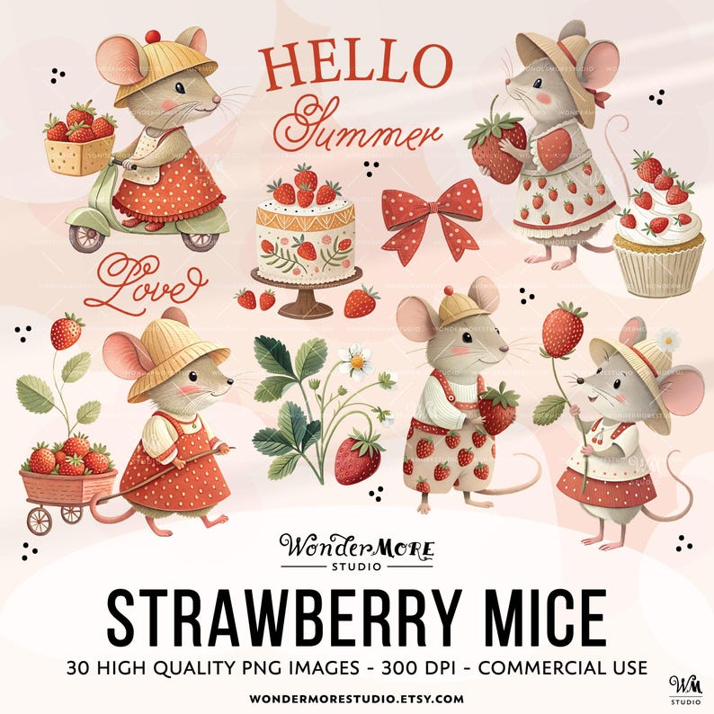 Strawberry Mouse Clipart PNG Cute Mice Graphics Transparent Spring ...