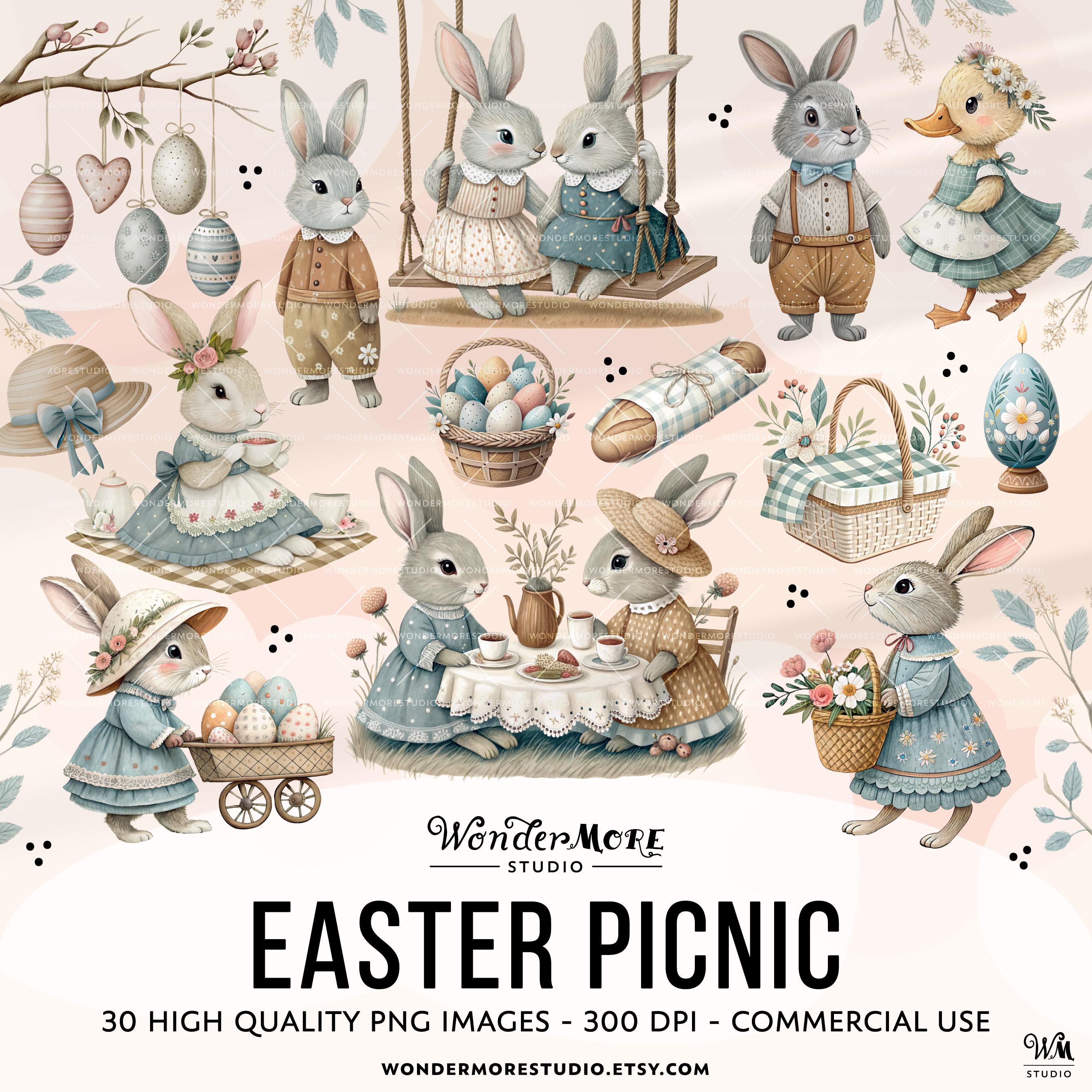 Vintage Easter Clipart PNG Blue Cute Bunny Graphics Transparent Spring ...