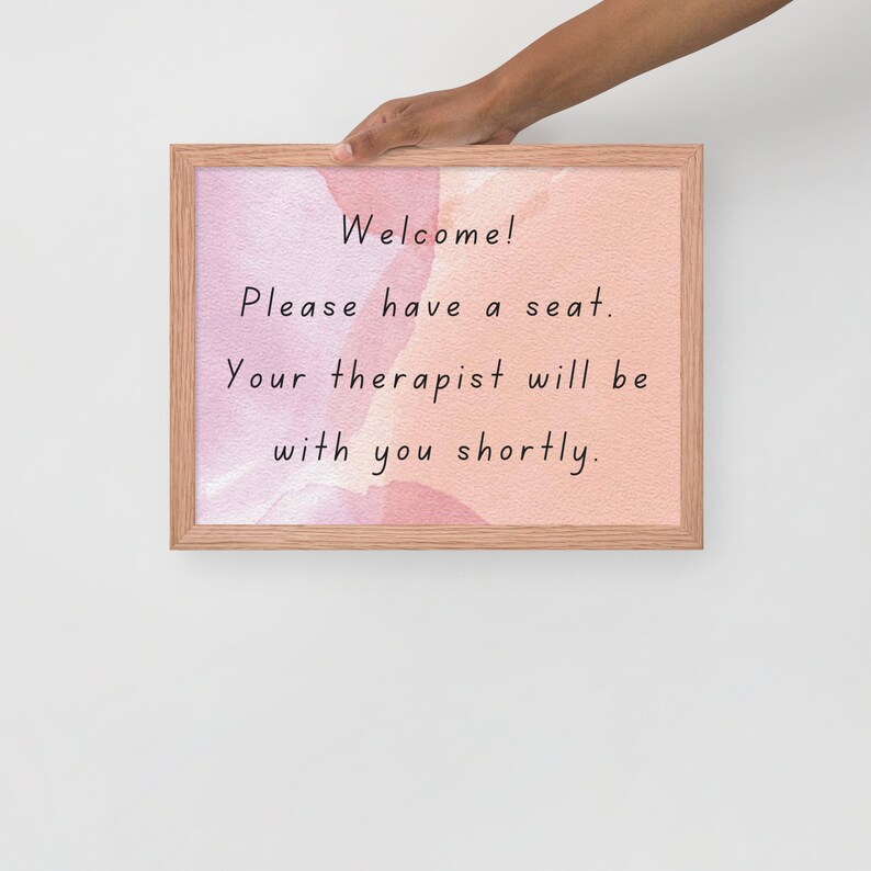 Therapy Office Waiting Room Sign, Pink Watercolor font 3, FRAMED POSTER ...