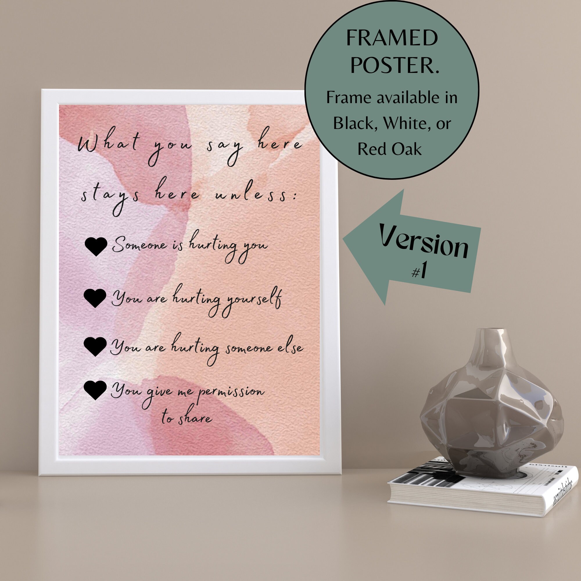 Therapy Office Confidentiality Sign, Pink Watercolor version 1, FRAMED ...