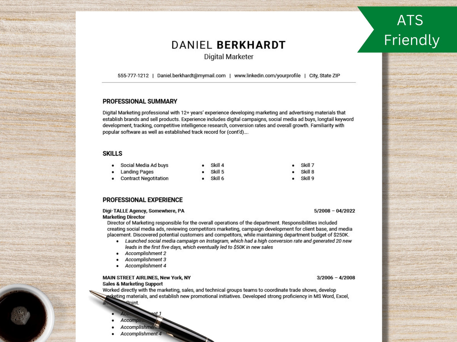 ATS Compatible Resume Executive Resume Template Google Docs and MS Word ...