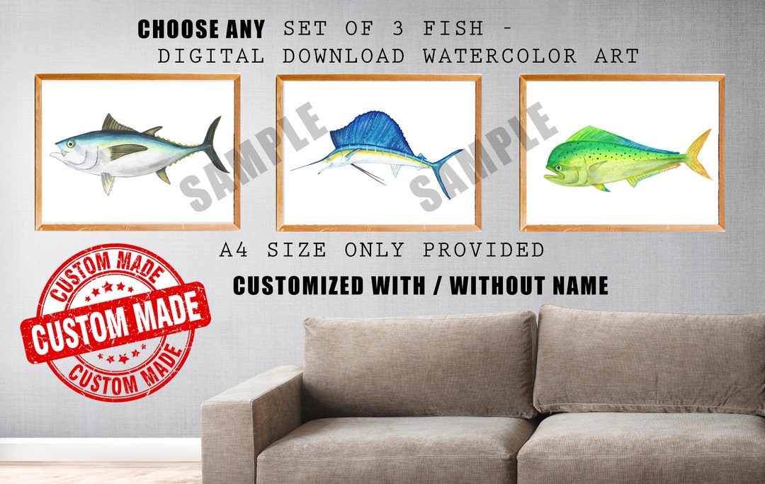 Set of 3 Fish Art Watercolor Digital Prints - A4 Size - Beach Home ...