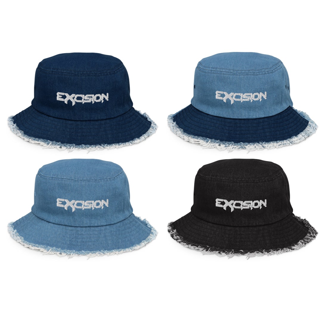 Excision Embroidered Distressed Denim Bucket Hat - Etsy