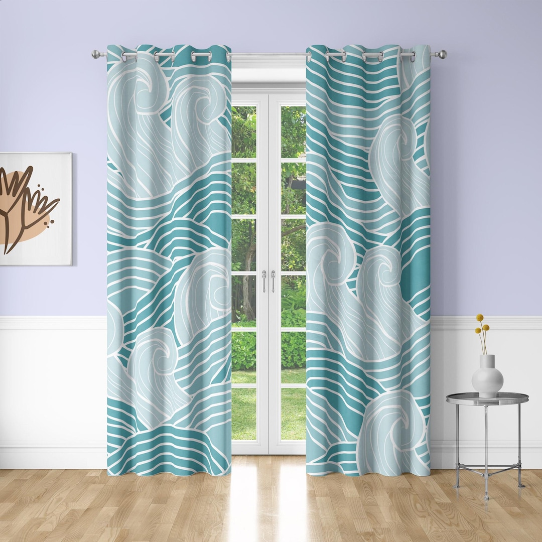 Ocean Wave Window Curtains, Japanese Style Blue Sea Pattern Drapes for ...