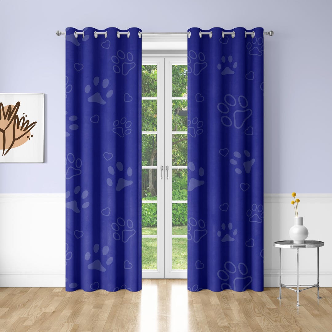 Paw Print Window Curtains Blue Pet Lover Decor, Dog and Cat Paw Drapes ...