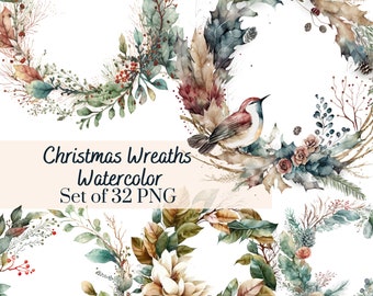 Holiday Wreaths 2. Watercolor Clipart, Christmas, Winter, Floral, Tree ...