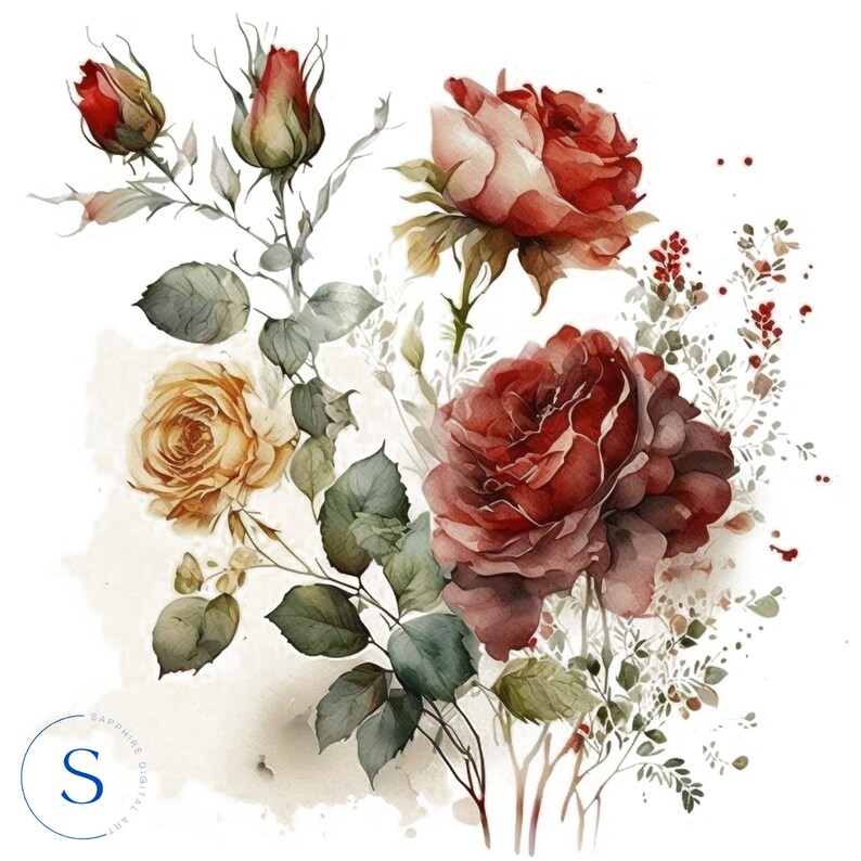 Watercolor Vintage Red Flowers Clipart Flower Png Commercial Use ...